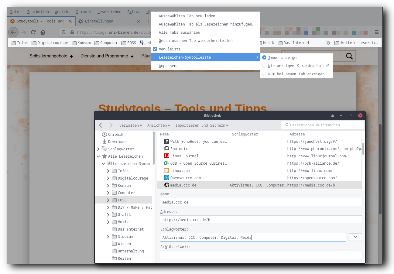 Lesezeichen im Browser – Studytools